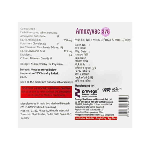 Buy AMOXYVAC 375 Tablet 6's Online at Upto 25% OFF | Netmeds