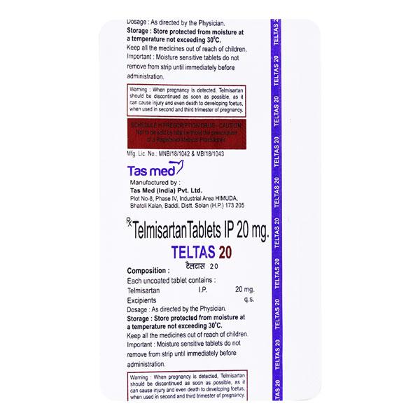 TELTAS 20 Tablet 15's : Price, Uses, Side Effects | Netmeds