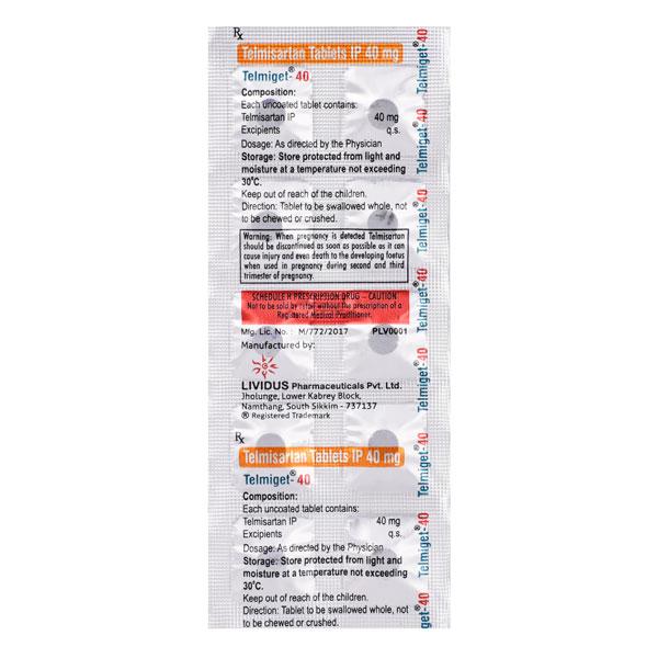 Telmiget 40mg Tablet 10'S : Price, Uses, Side Effects | Netmeds