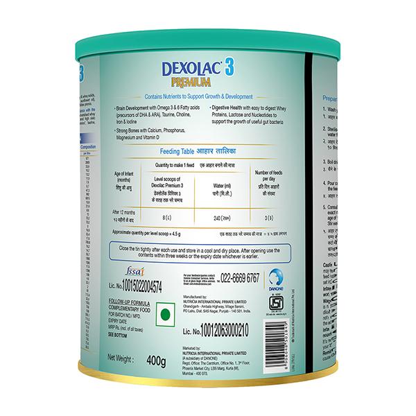 Buy Dexolac Premium Stage 3 (12 - 24 Months) Powder 400 gm (Tin) Online at Discounted Price ...