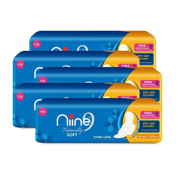 Buy Niine Naturally Soft Extra Long Sanitary Pads ( Pack of 5 x 6's) 30 ...