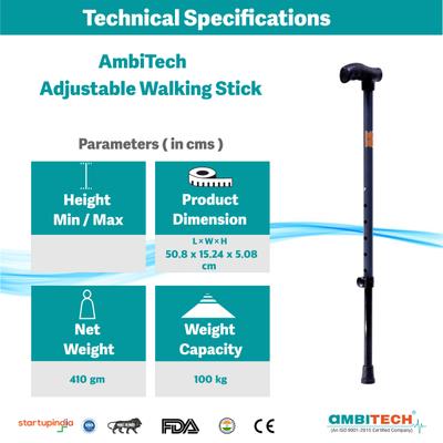 AmbiTech Premium MS Height Adjustable Single Walking Stick (Gray) 1's ...