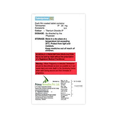 TELMIPRIME 20 Tablet 15's : Price, Uses, Side Effects | Netmeds